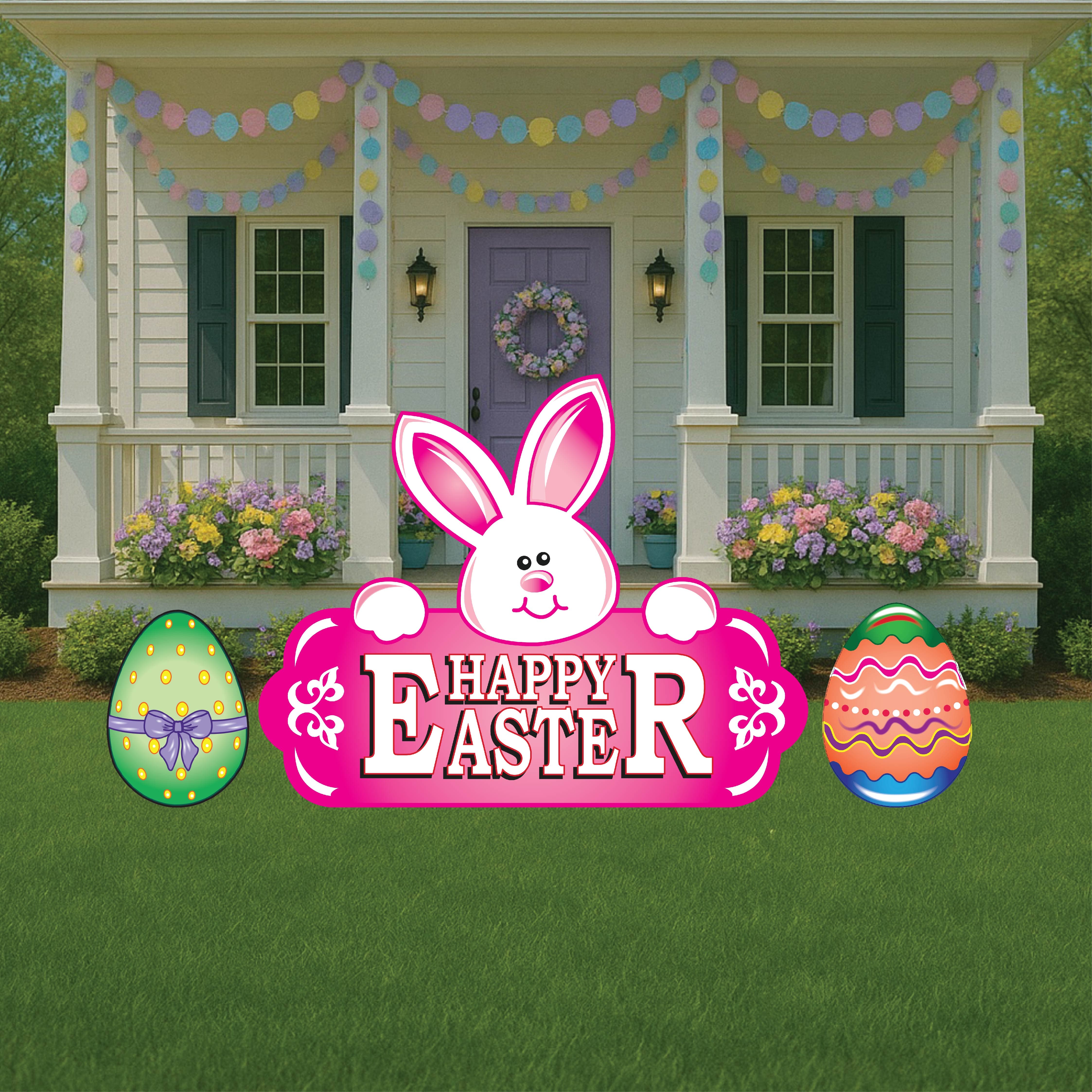 Pink Happy Easter Sign with Bunny Face – Yard Art Decor and More