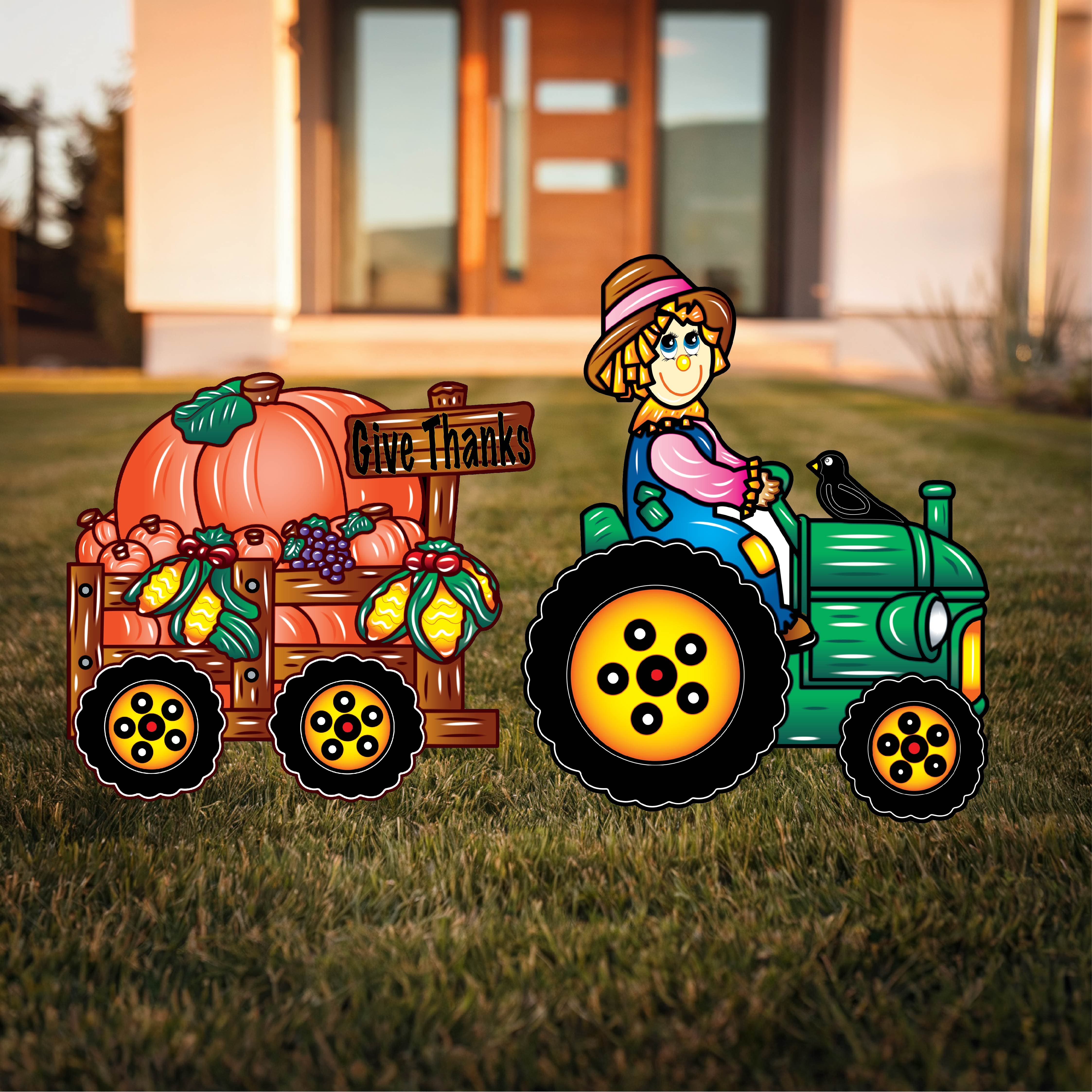 Scarecrow Driving Tractor with Pumpkin Trailer Yard Art – Yard Art ...