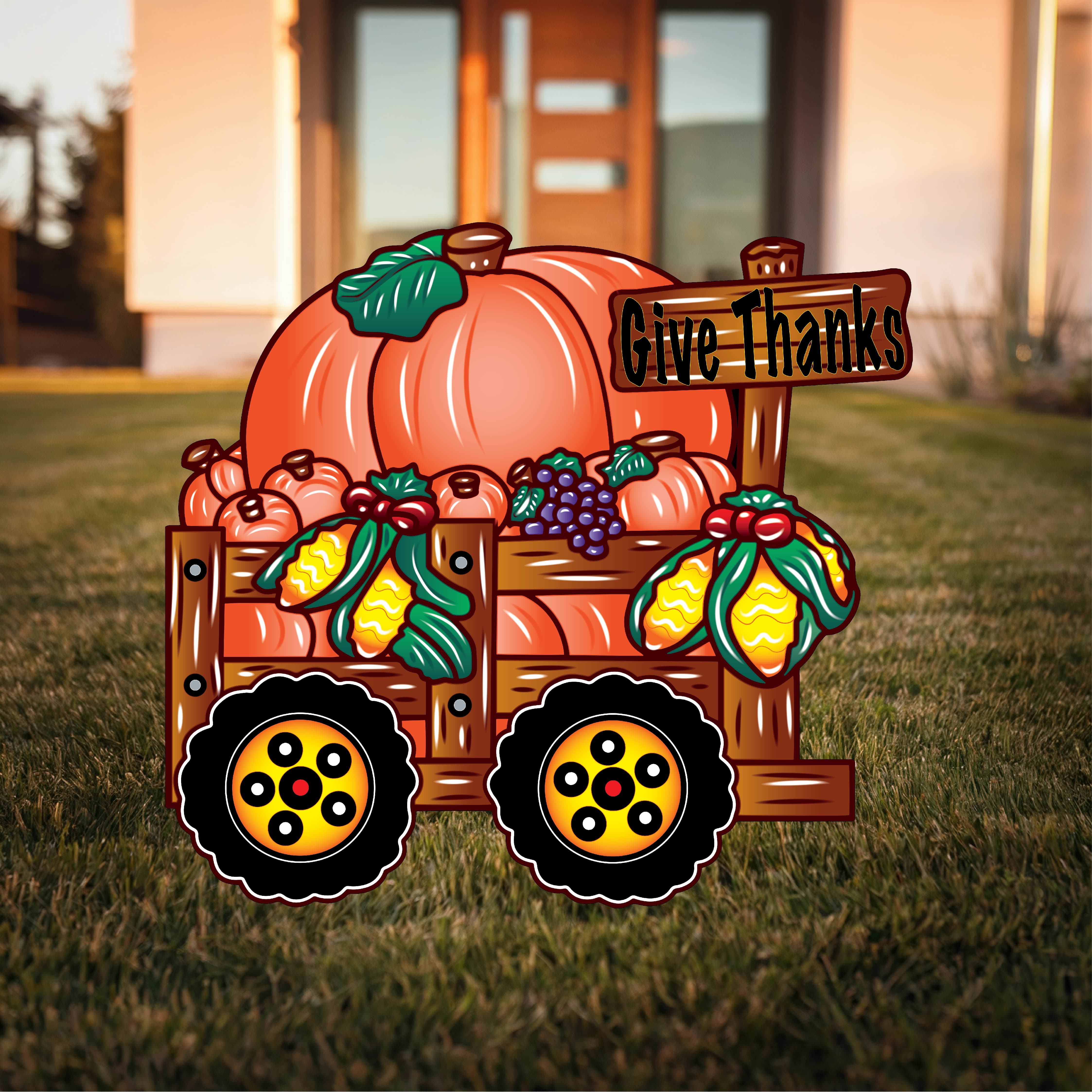Trailer of Pumpkins with Give Thanks Sign – Yard Art Decor and More