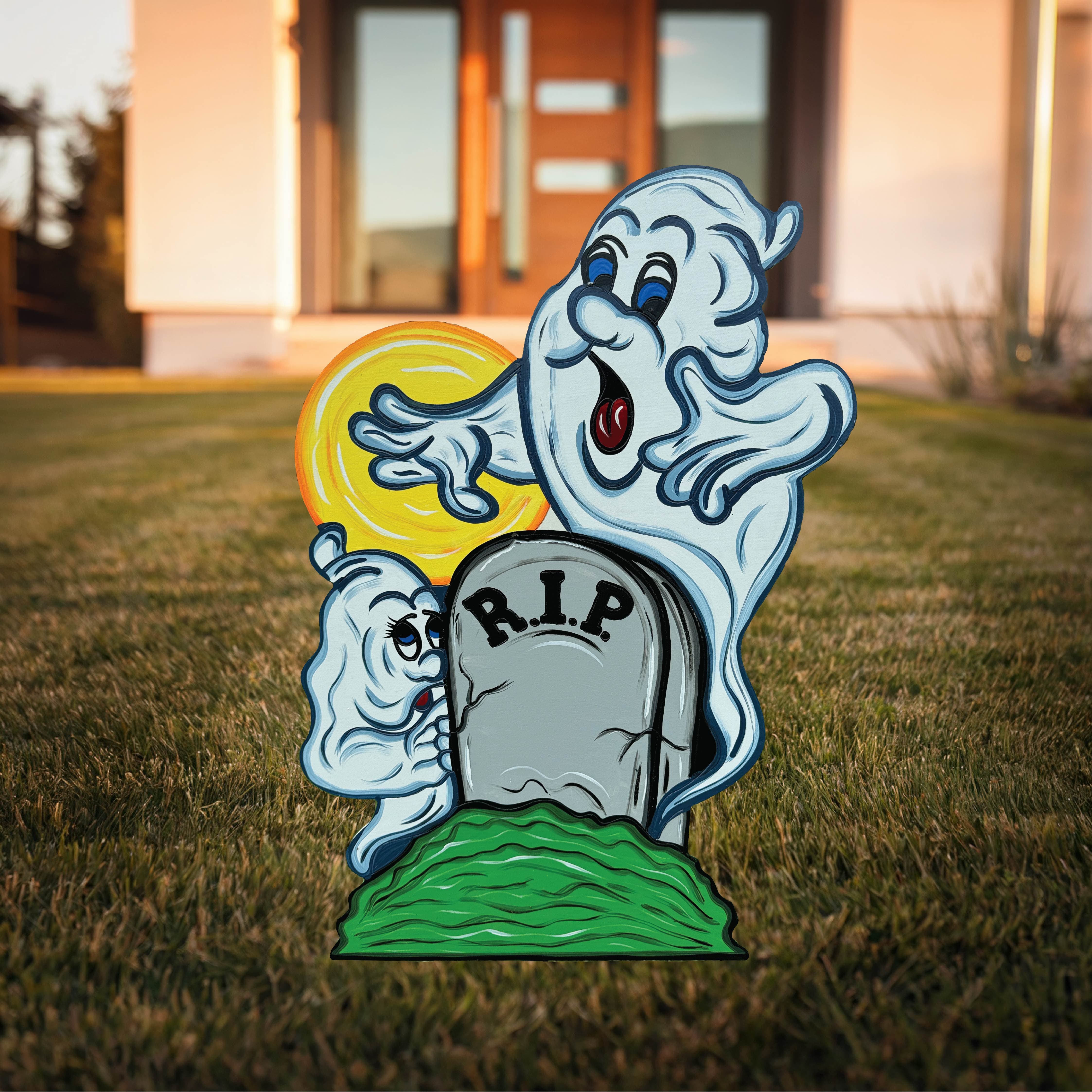 Two Halloween Ghosts Peeking over RIP Tombstone – Yard Art Decor and More