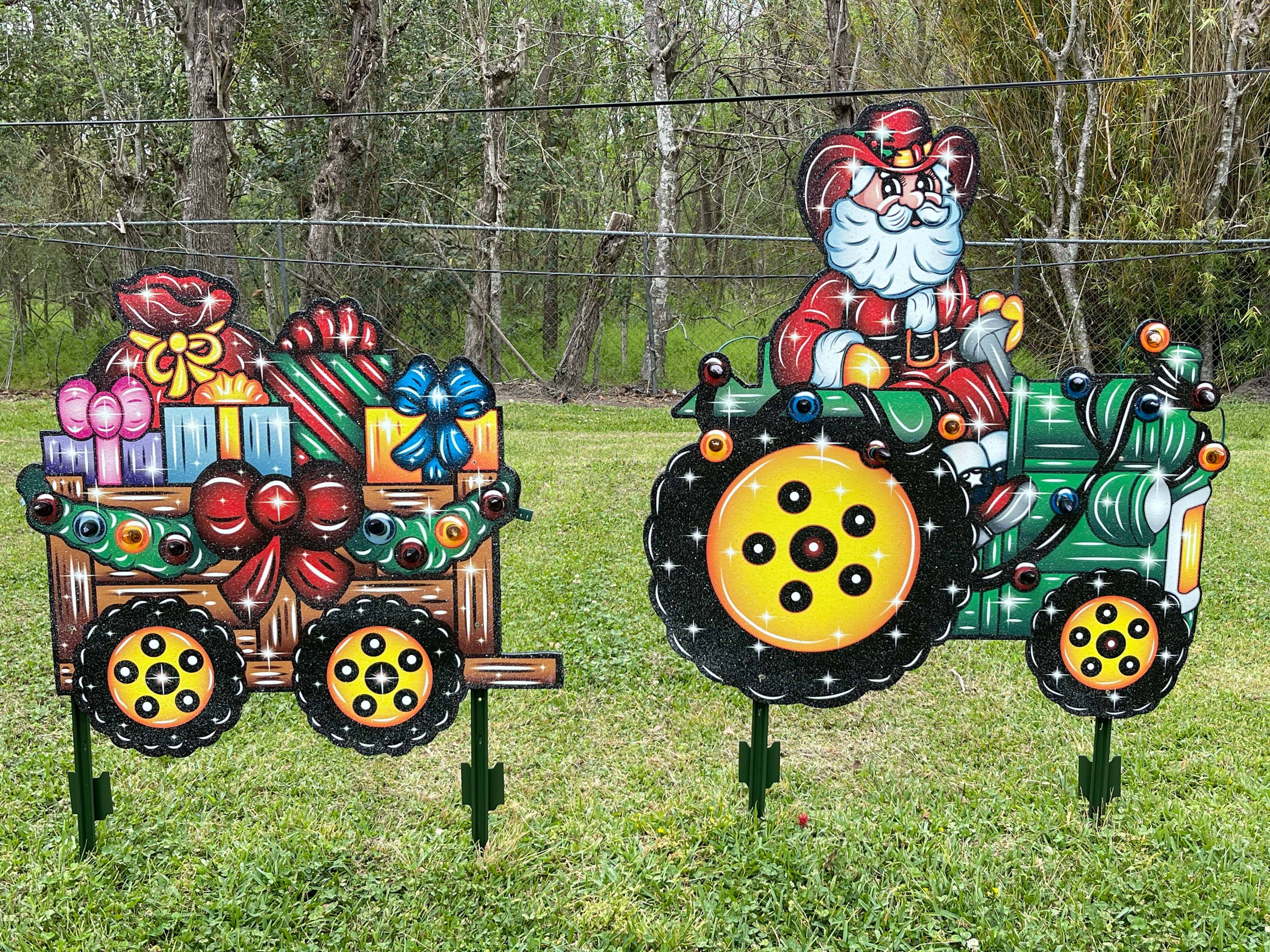 Lighted Santa on Tractor pulling trailer Christmas yard art – Yard Art ...