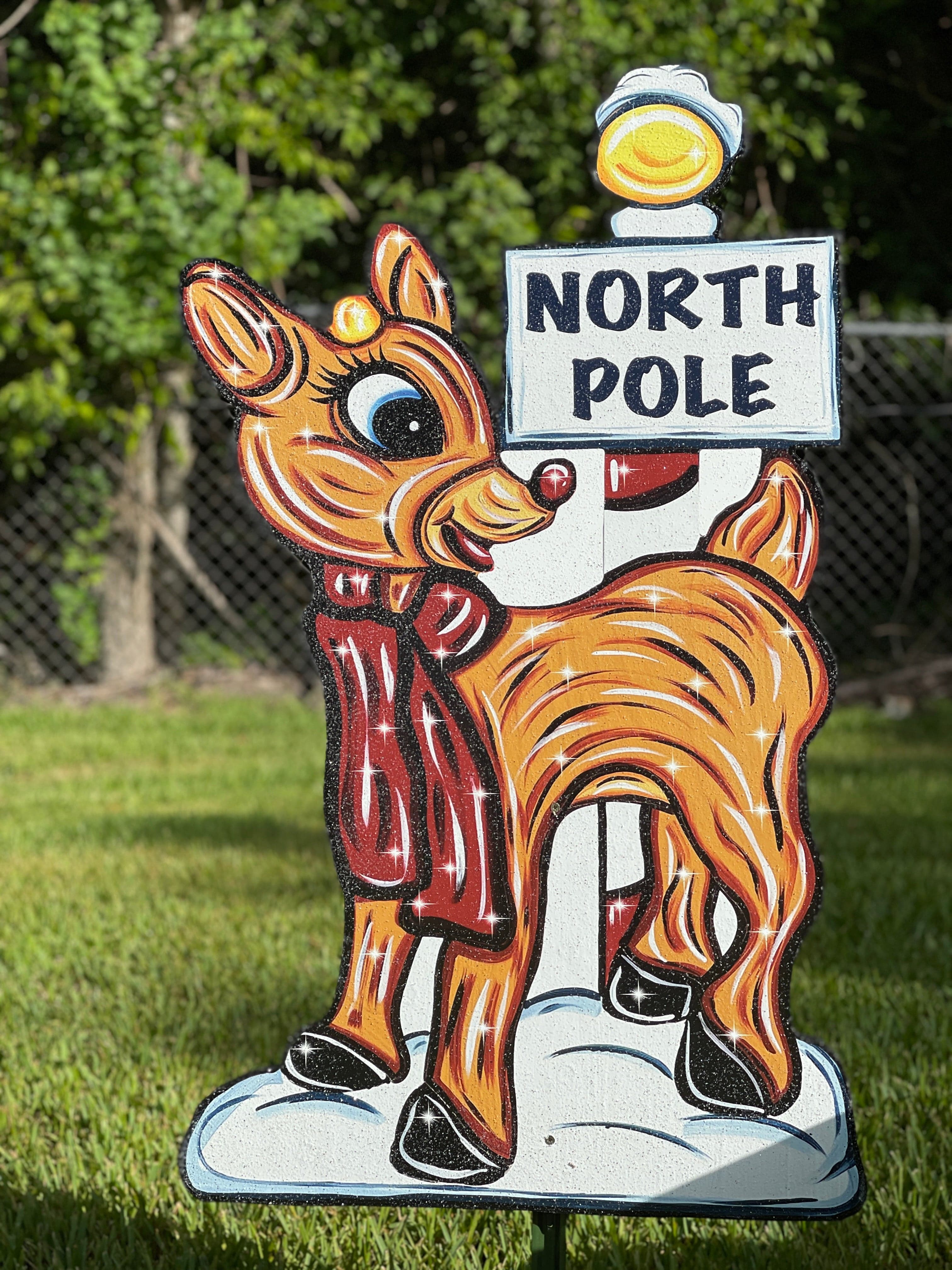 Rudolph Reindeer with north pole sign Christmas Yard Decor – Yard Art ...