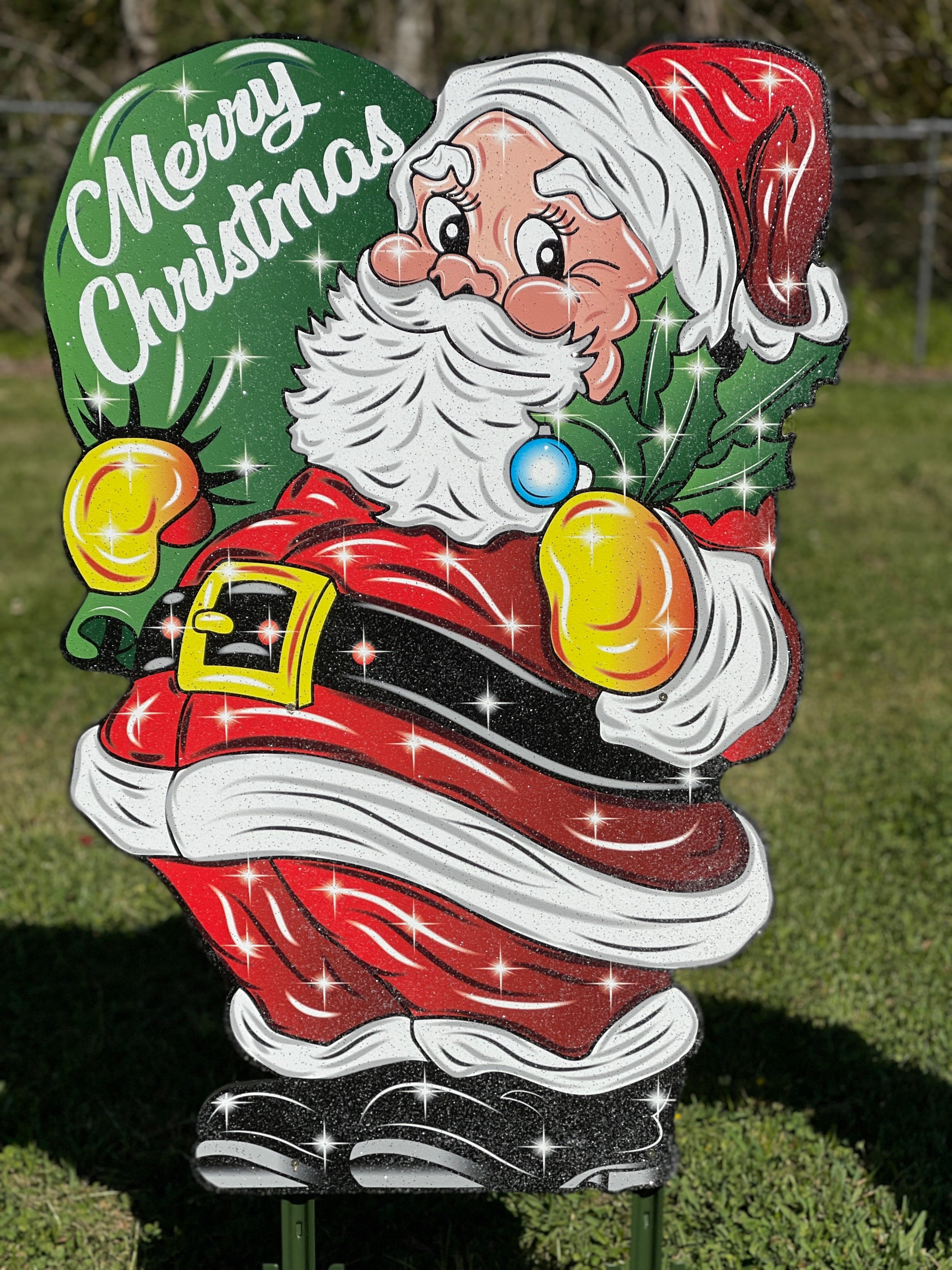 Smiling Santa Claus Yard Sign with Mistletoe and Green Bag Outdoor ...