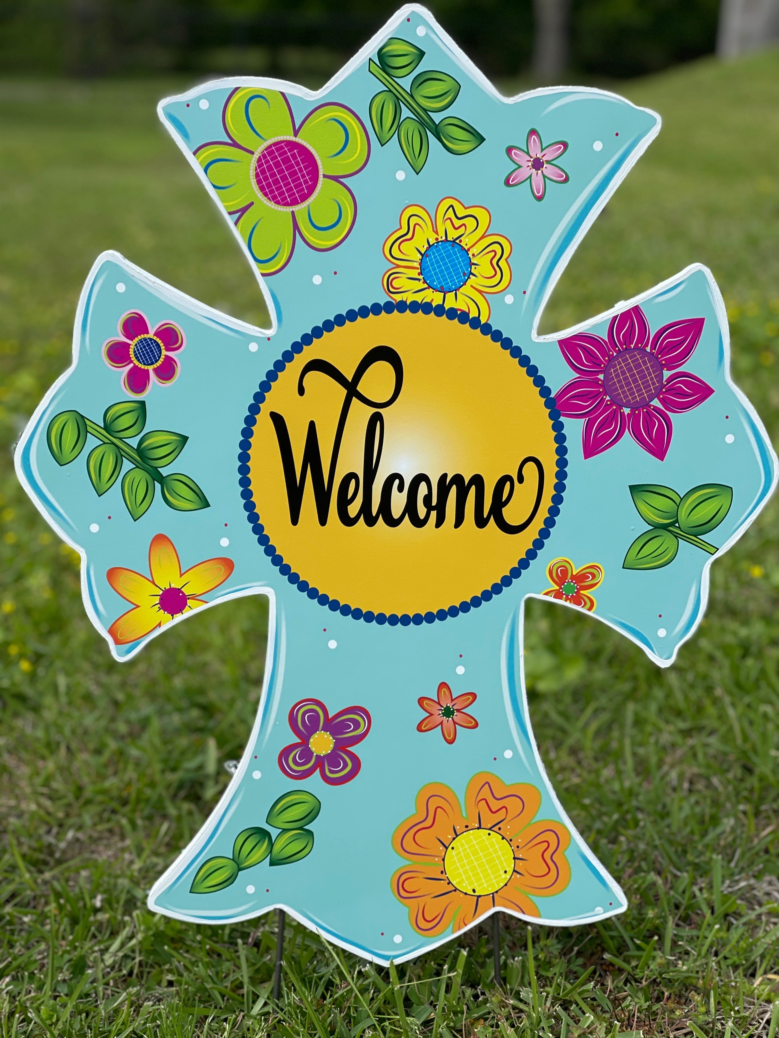 Blue Whimsical Welcome Cross – Yard Art Decor and More LLC